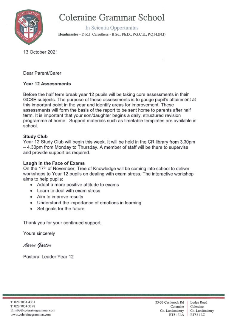 Y12 Letter to Parents – Coleraine Grammar School