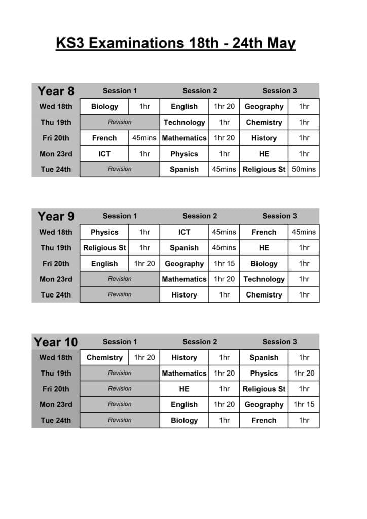 KS3 School exam timetables – Coleraine Grammar School